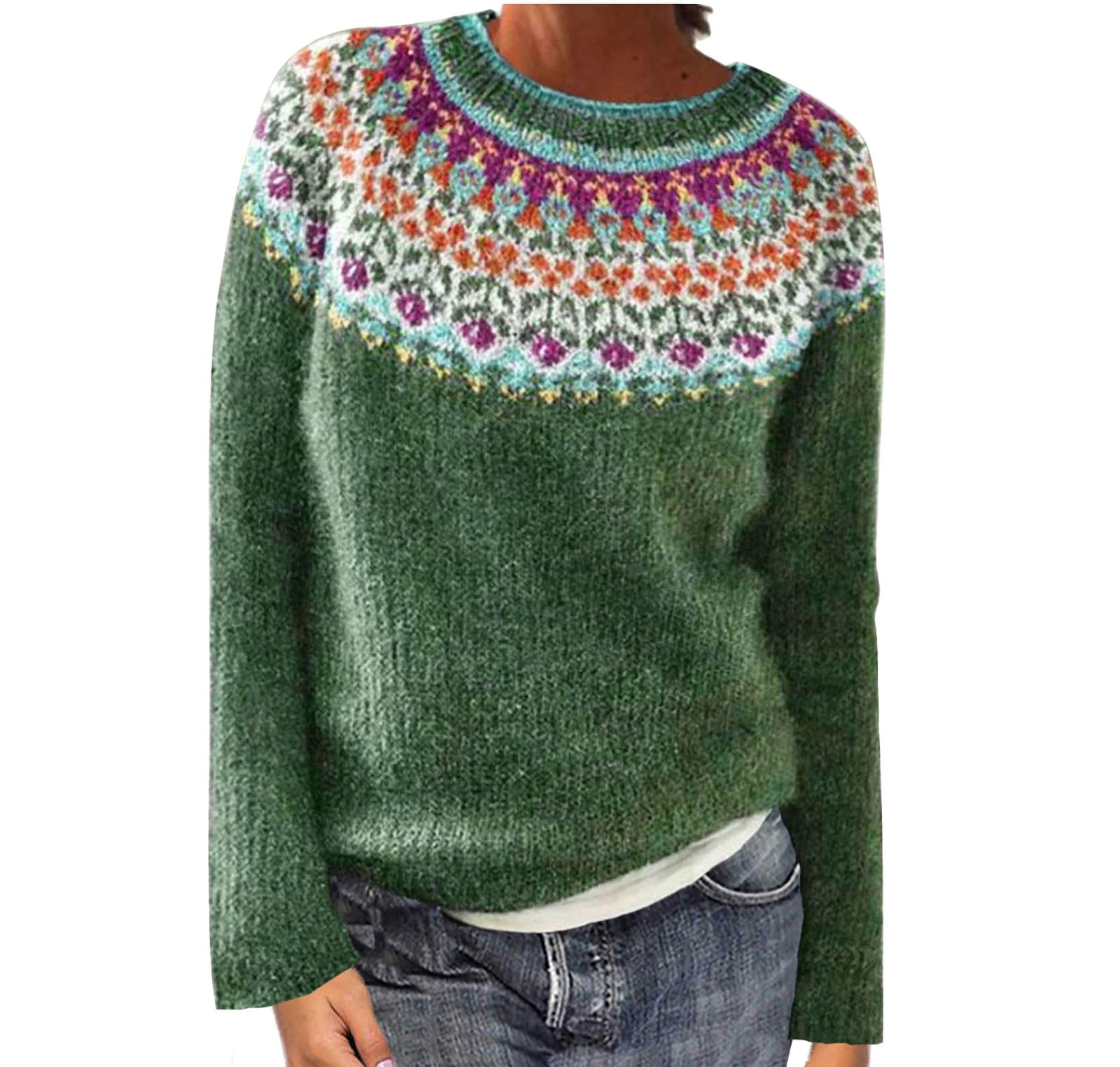 VKOYWKM Clearance Sales Fair Isle Sweaters for Women Vintage Long Sleeve Knitted Sweaters Casual ...