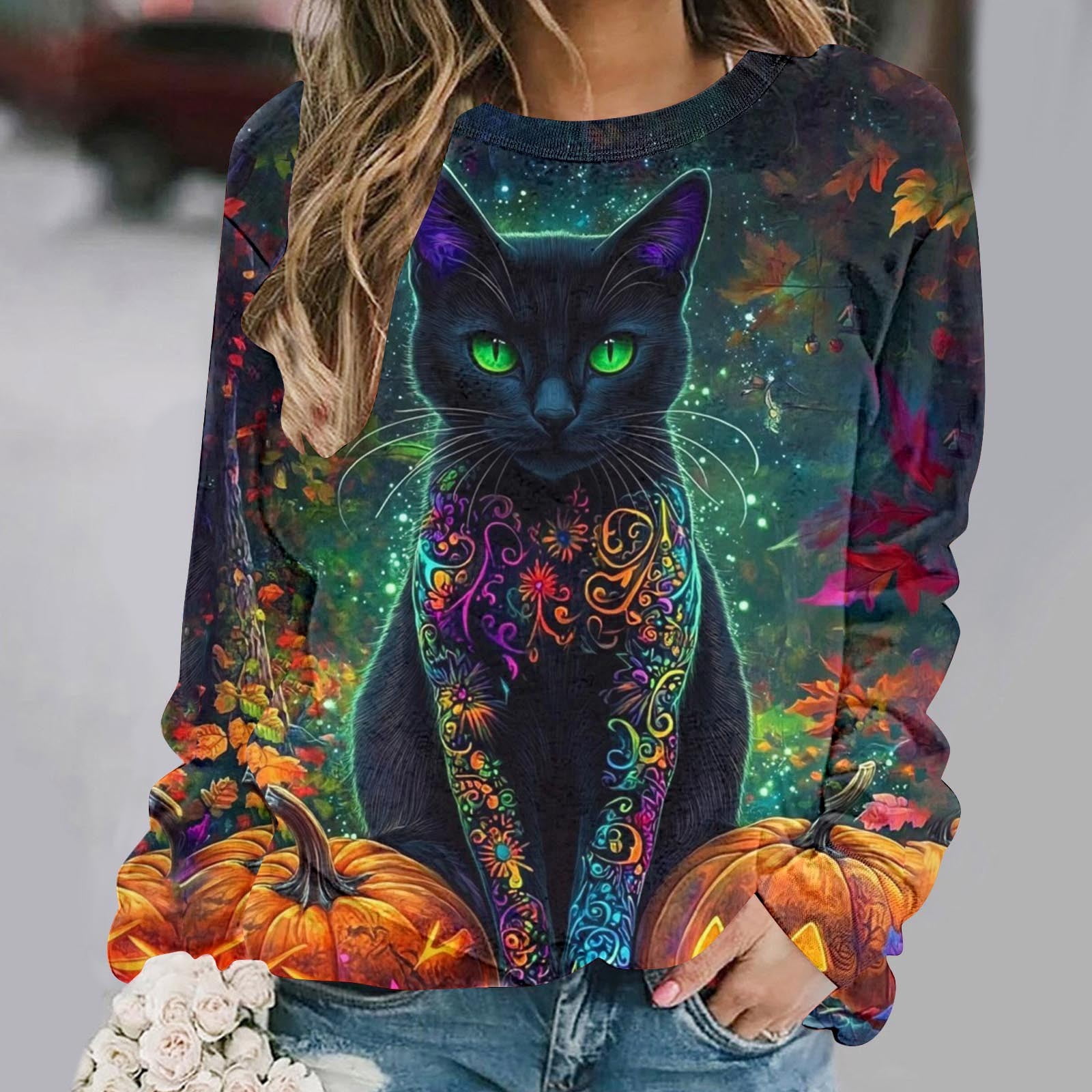VKOYWKM Halloween Black Cat Graphic Sweatshirts Women Sweatshirt Crew ...