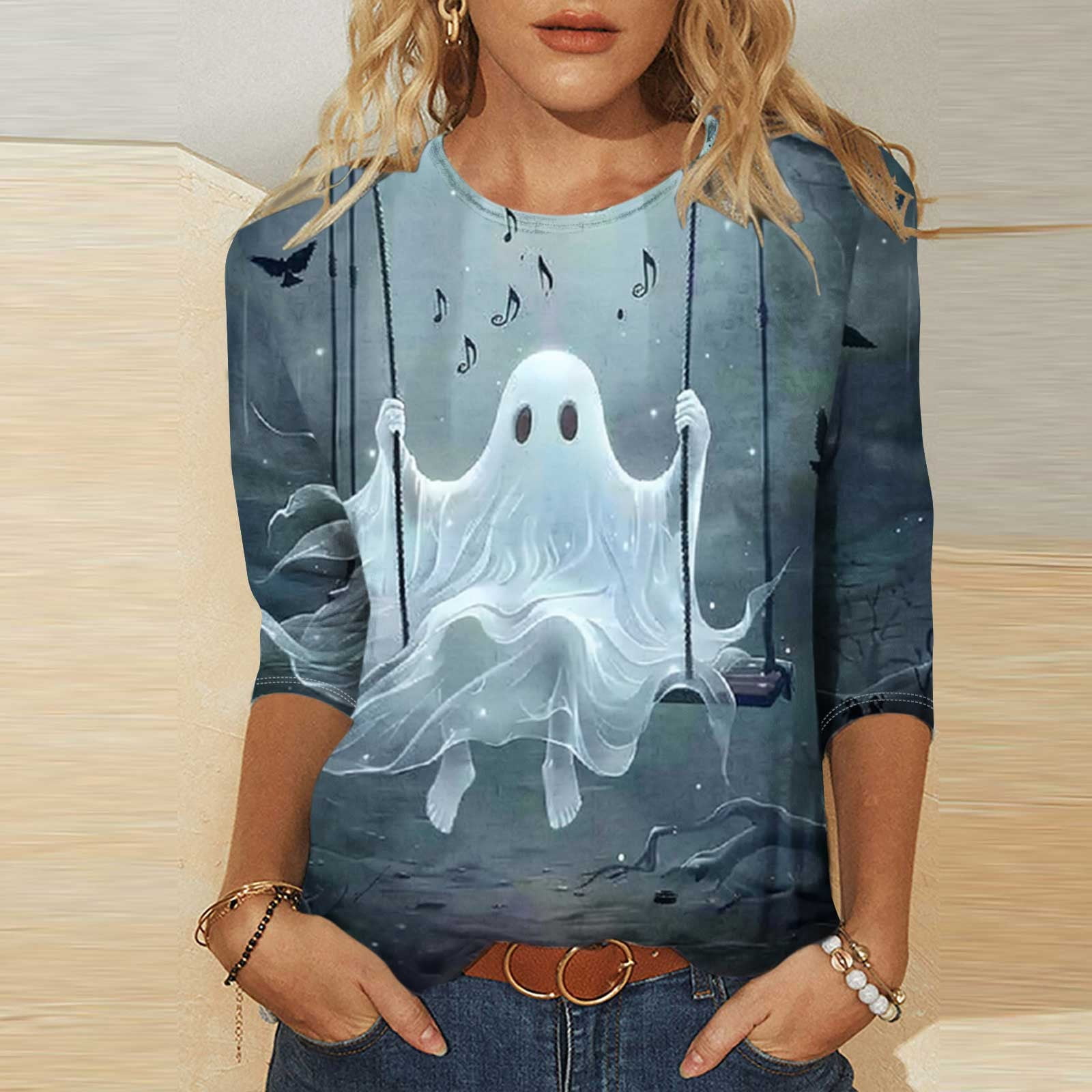 VKOYWKM Halloween Ghost Shirt for Women 3/4 Sleeve Print T Shirts ...