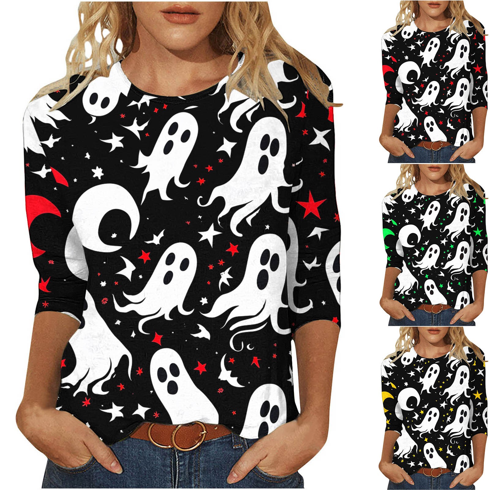 VKOYWKM Halloween Ghost Top for Women 3/4 Sleeve Halloween Spooky ...