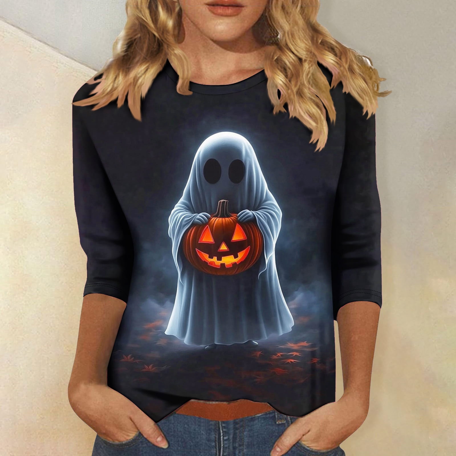 VKOYWKM Halloween Shirts Women Spooky Ghost Graphic T Shirts 3/4 Length ...
