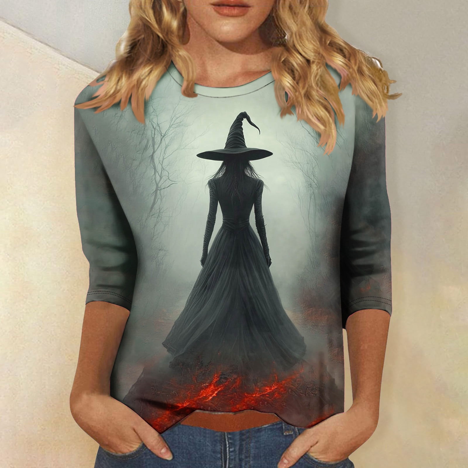 VKOYWKM Halloween Shirts for Women 3/4 Sleeve Halloween Witch Graphic T ...