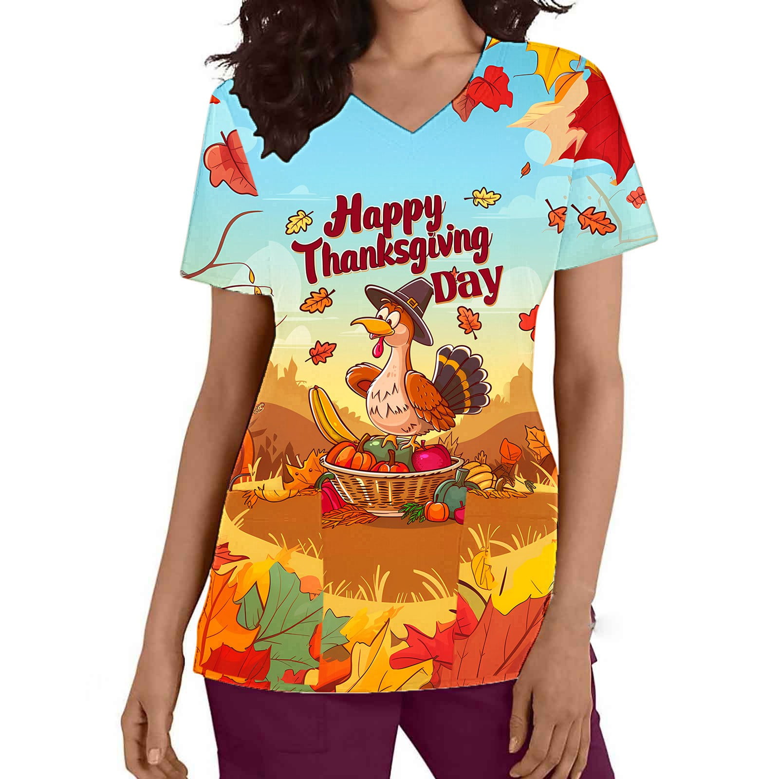 VKOYWKM Happy Thanksgiving Scrub Top for Women V Neck Short Sleeve ...