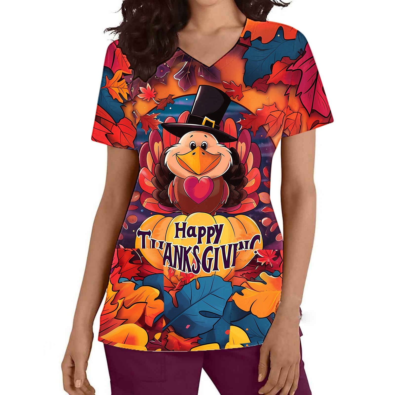 VKOYWKM Happy Thanksgiving Scrubs for Women Turkey Graphic Thanksgiving ...