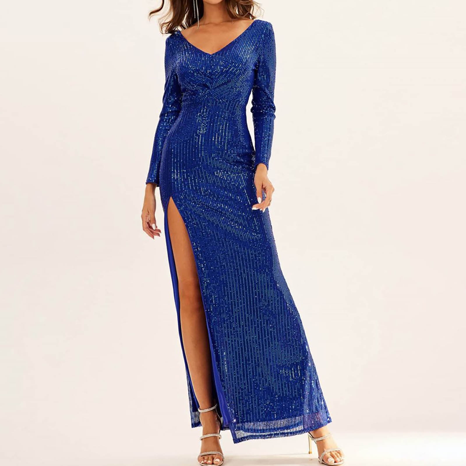 VKOYWKM Petite Sequin Dress for Women Trendy Side Split Mermaid Prom ...