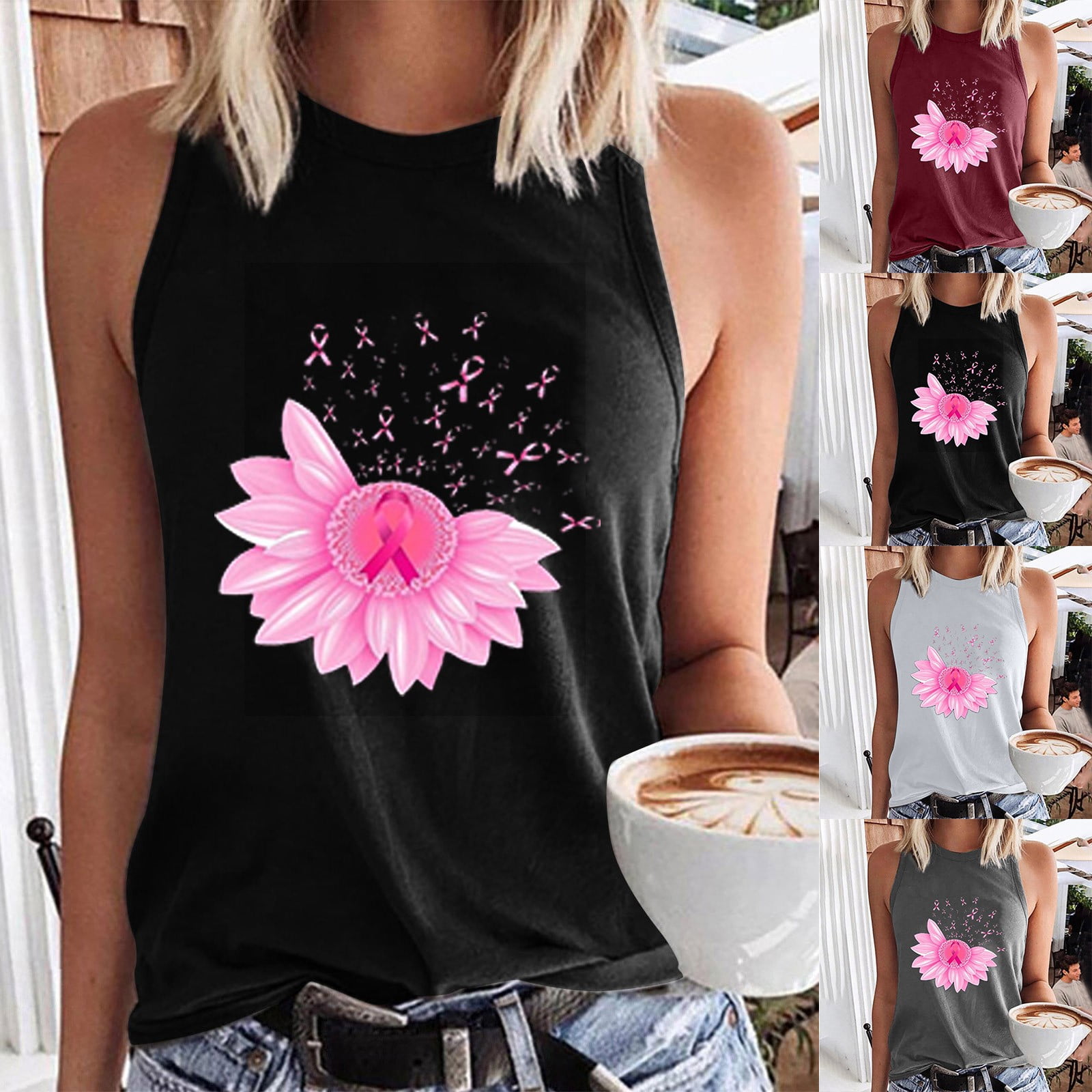 VKOYWKM Pink Ribbon Tank Tops for Women Breast Cancer Awareness Tank ...