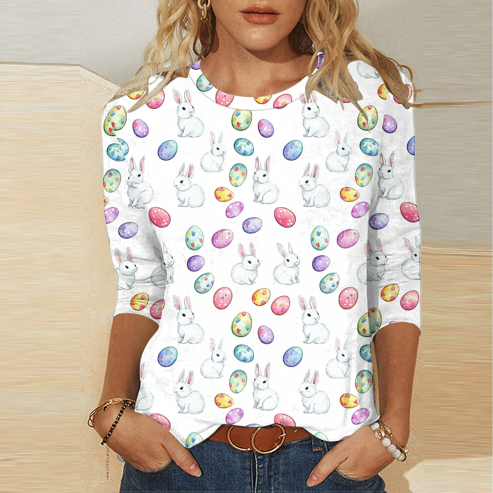 VKOYWKM Plus Size 3/4 Length Sleeve Womens Tops Happy Easter Shirts ...