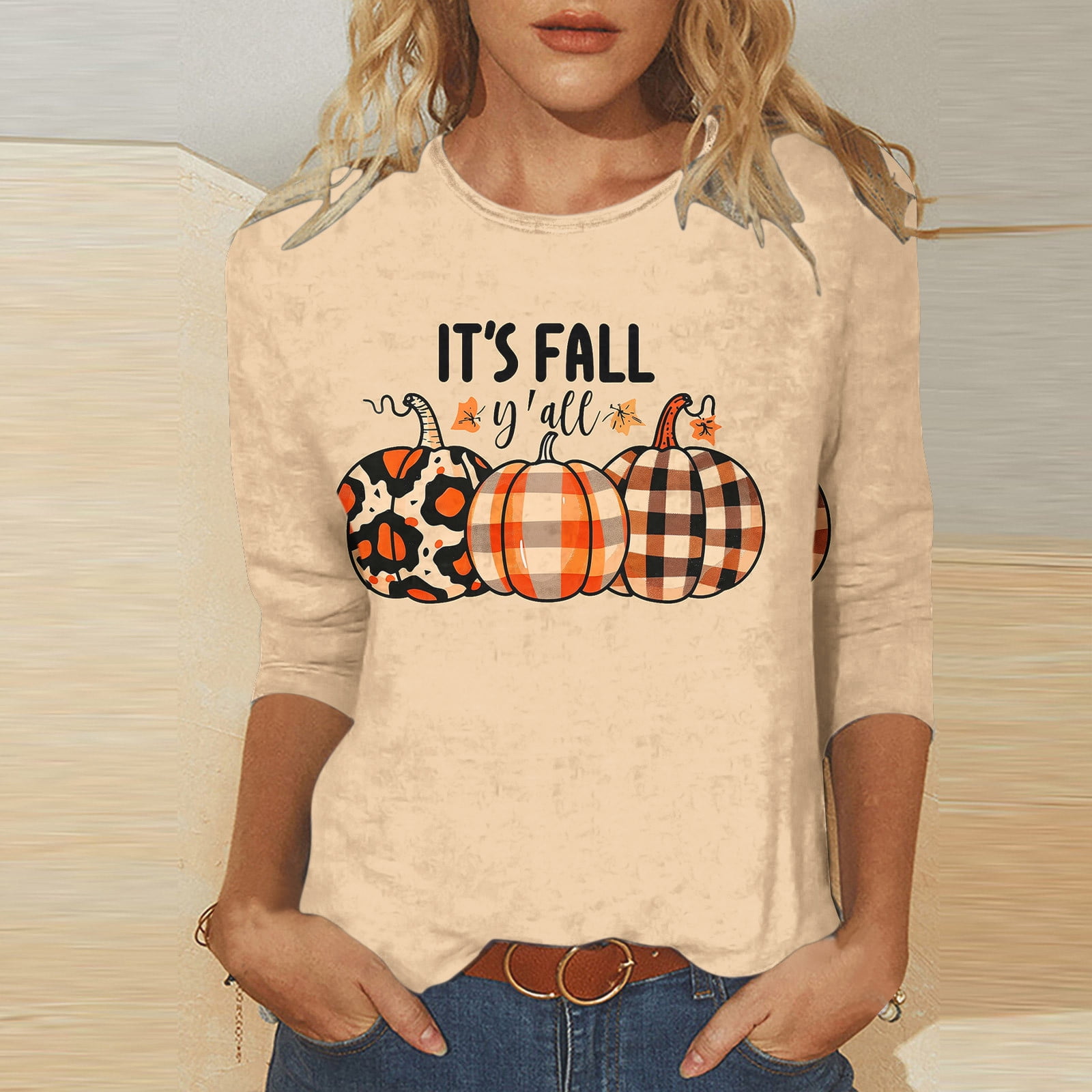 VKOYWKM Pumpkin Print Halloween Shirt for Women 3/4 Sleeve Halloween ...