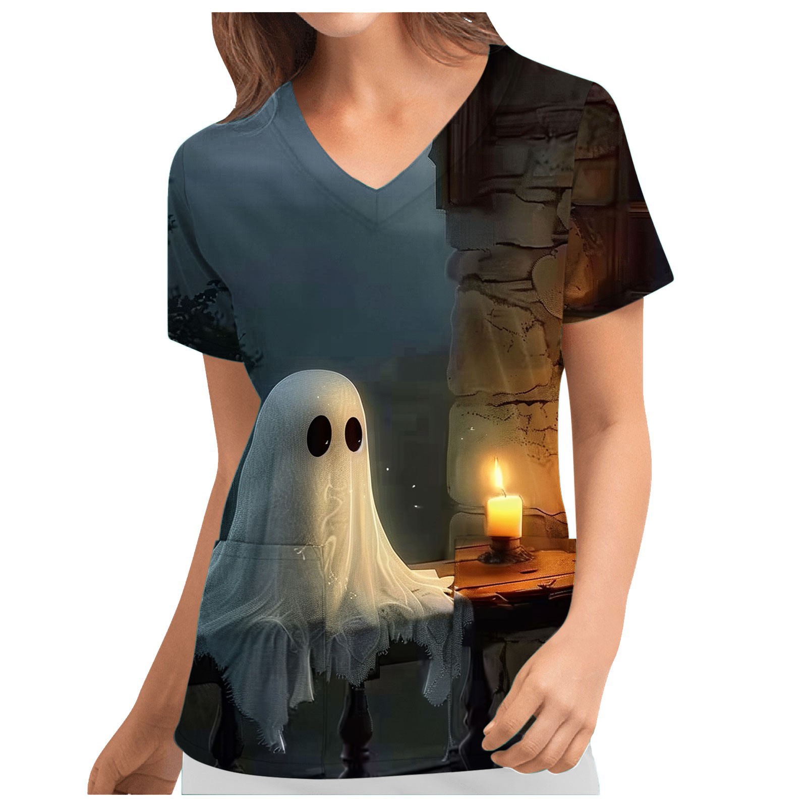 VKOYWKM Scrubs for Women Halloween Ghost Graphic Nurse Uniforms Short ...