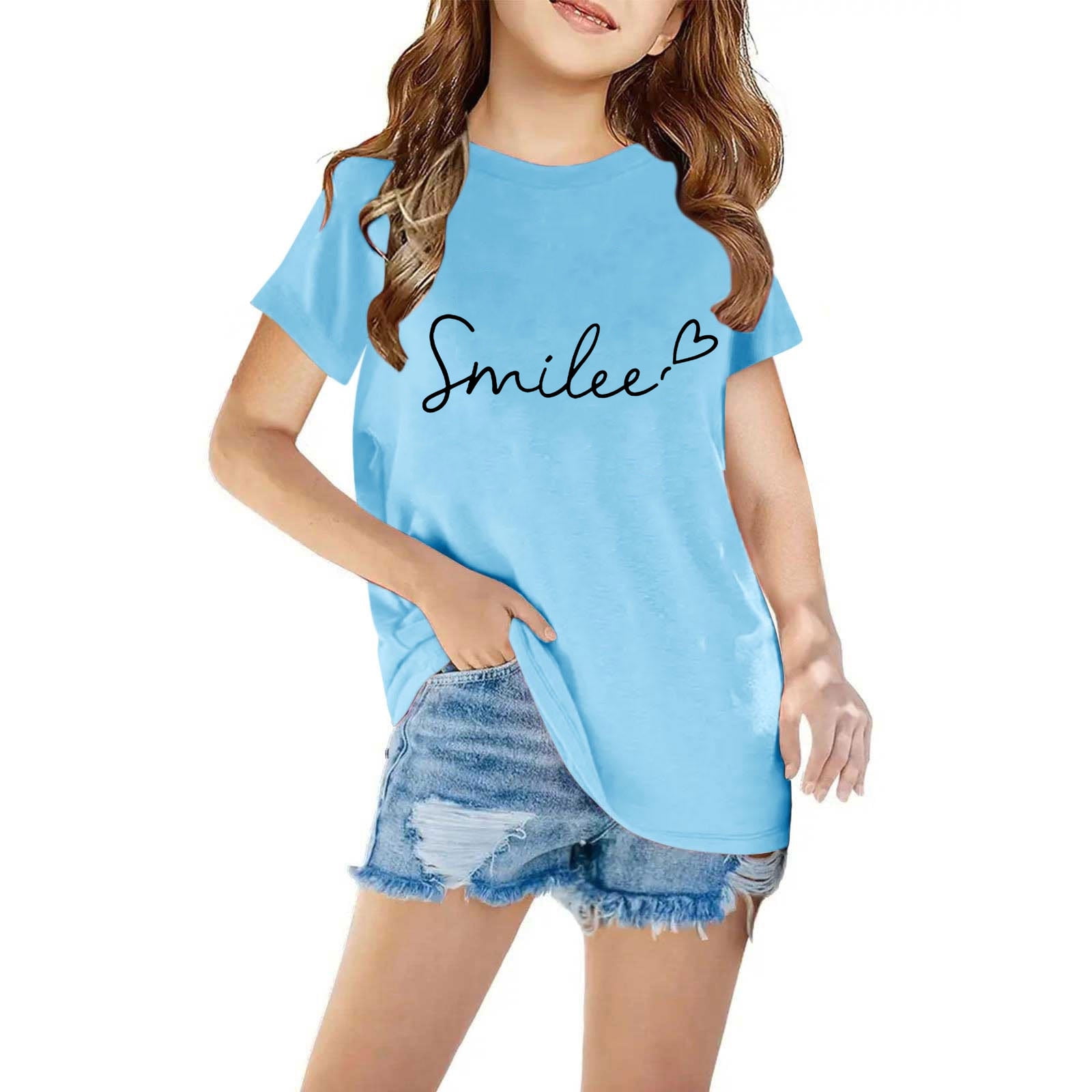 VKOYWKM Smilee Shirts Girls Short Sleeve T-Shirts Funny Letter Graphic ...