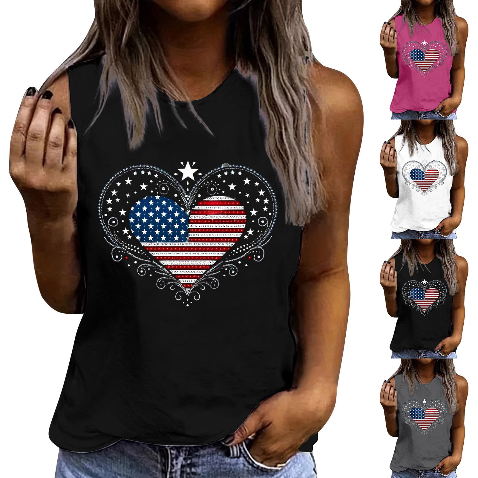 VKOYWKM Summer Tank Tops for Women Loose Fit American Flag Print Tanks Stars and Stripes Graphic ...