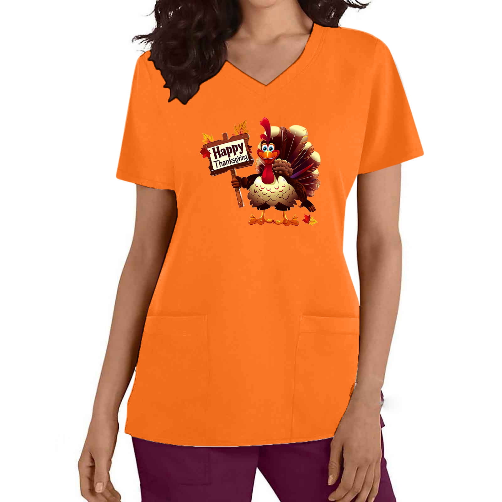 VKOYWKM Thanksgiving Scrubs Women V Neck Nursing Tops Holiday Short ...