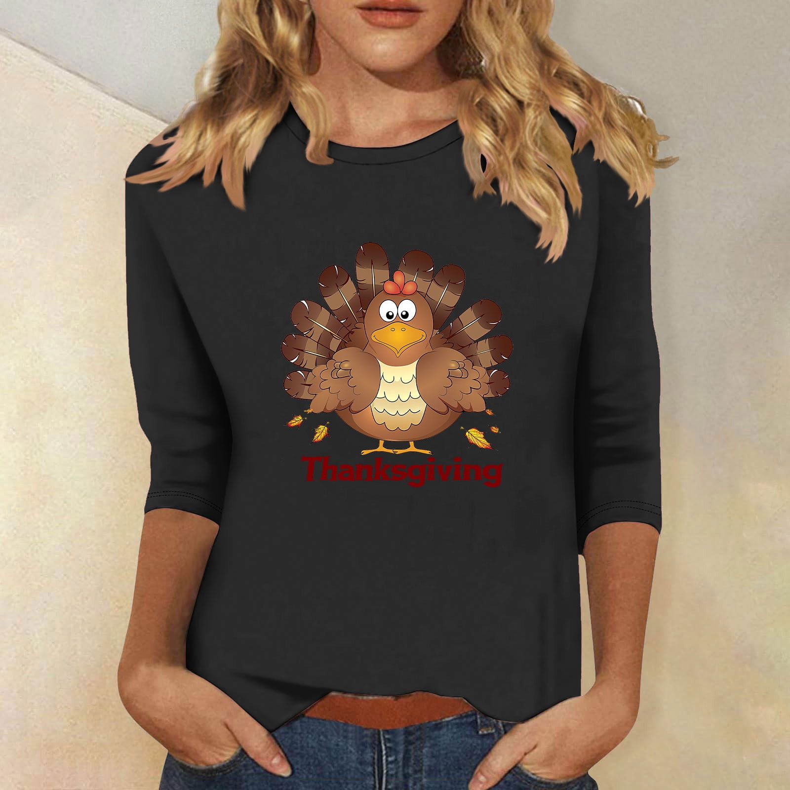 VKOYWKM Thanksgiving Turkey Shirts for Women 3/4 Sleeve Tops Turkey ...