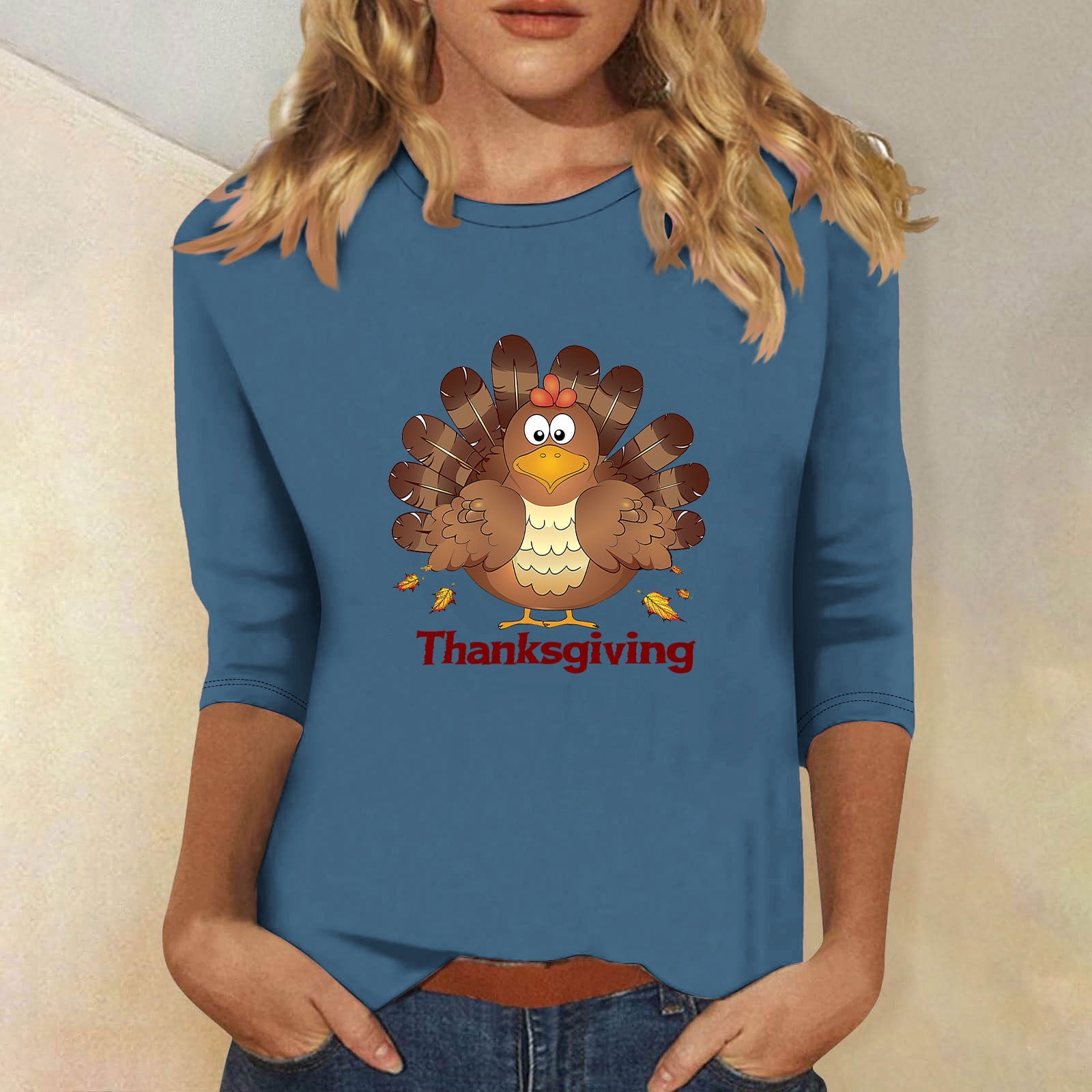 VKOYWKM Thanksgiving Turkey Shirts for Women 3/4 Sleeve Tops Turkey ...