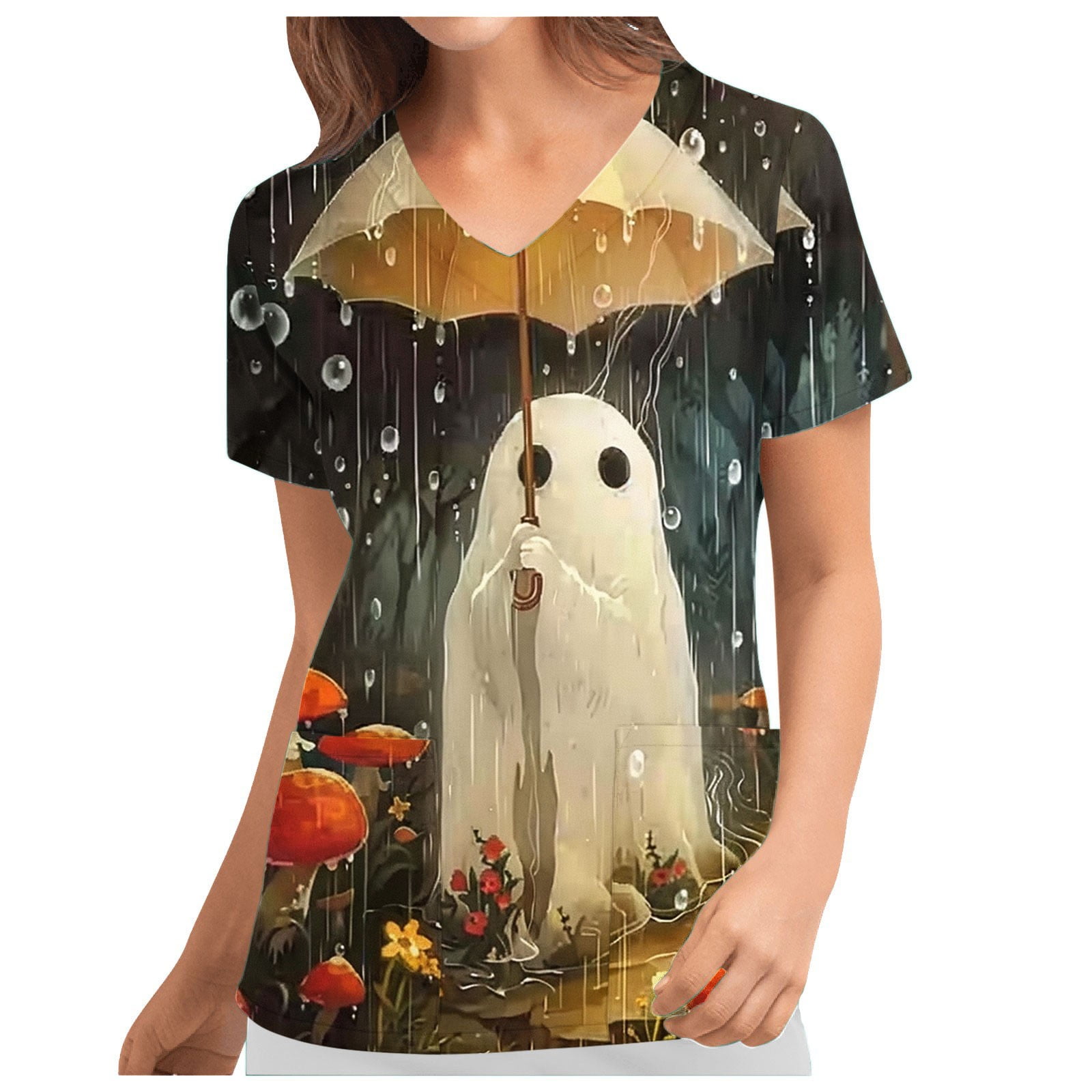 VKOYWKM V Neck Scrubs for Women Halloween Ghost Print Short Sleeve ...