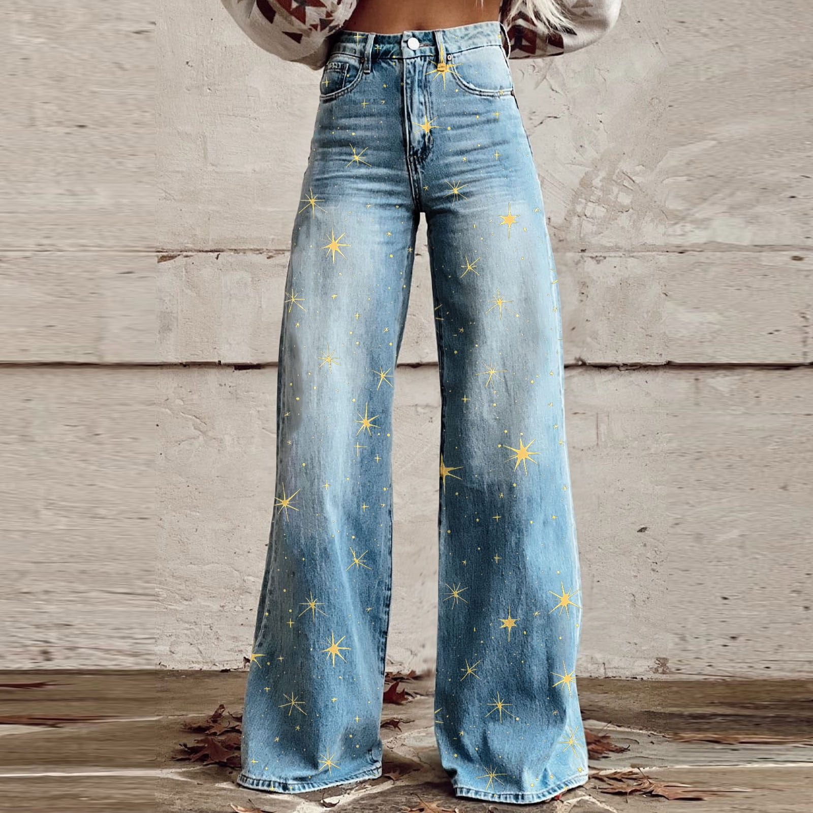 VKOYWKM Wide Leg Jeans for Women High Waist Baggy Star Print Denim ...