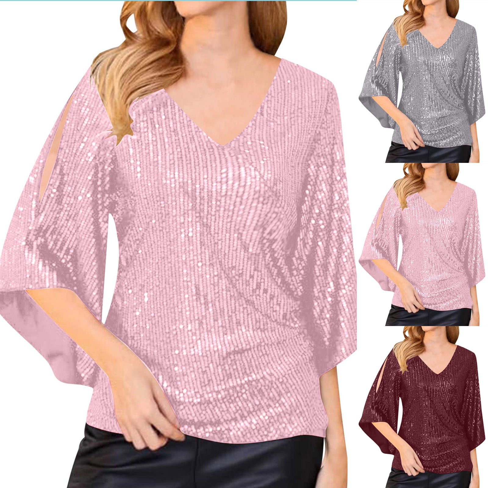 VKOYWKM Women's Sequin Tops 3/4 Sleeve Glitter Sparkly V Neck Dressy ...
