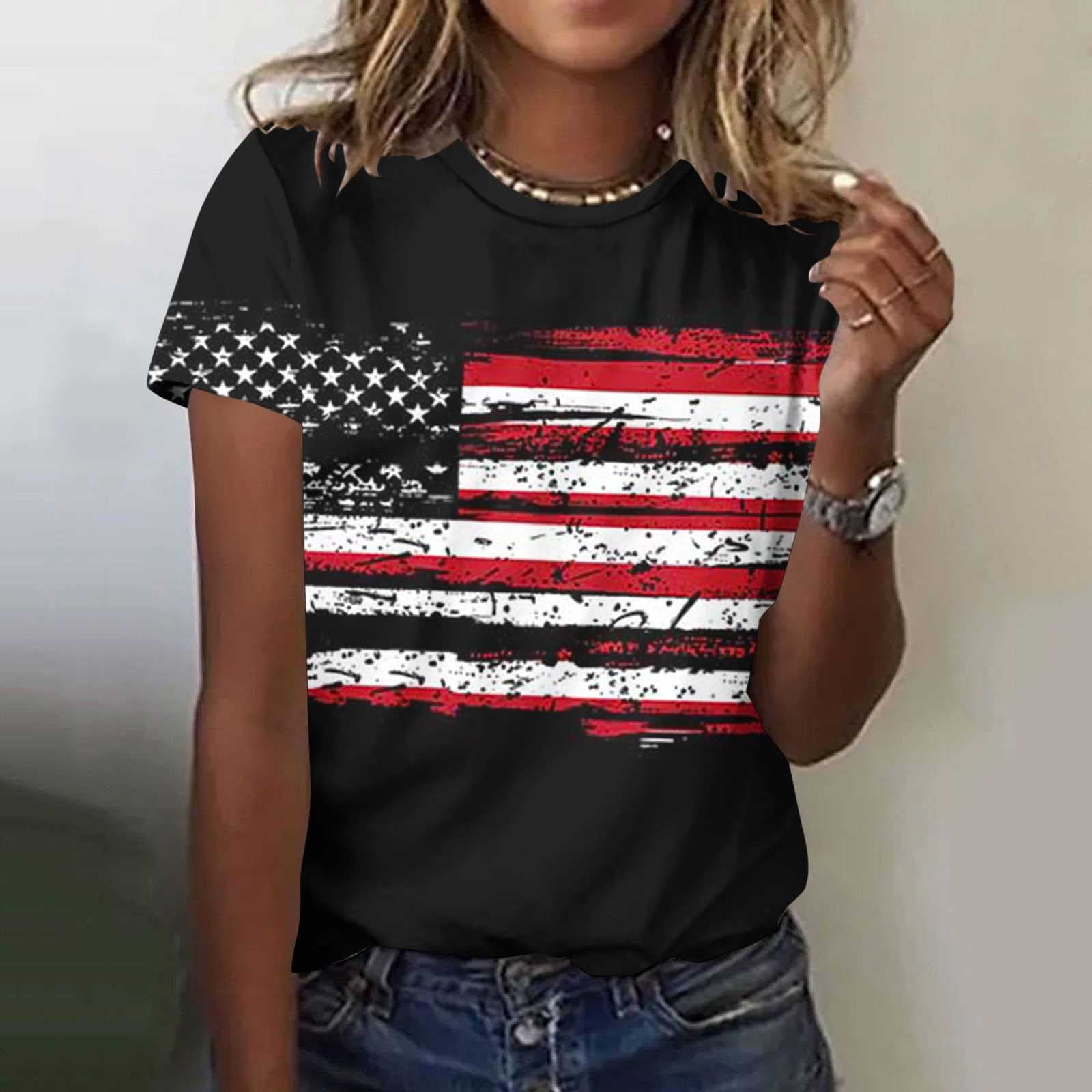 VKOYWKM Women's USA Flag Short Sleeve Tops Patriotic American Flag T ...