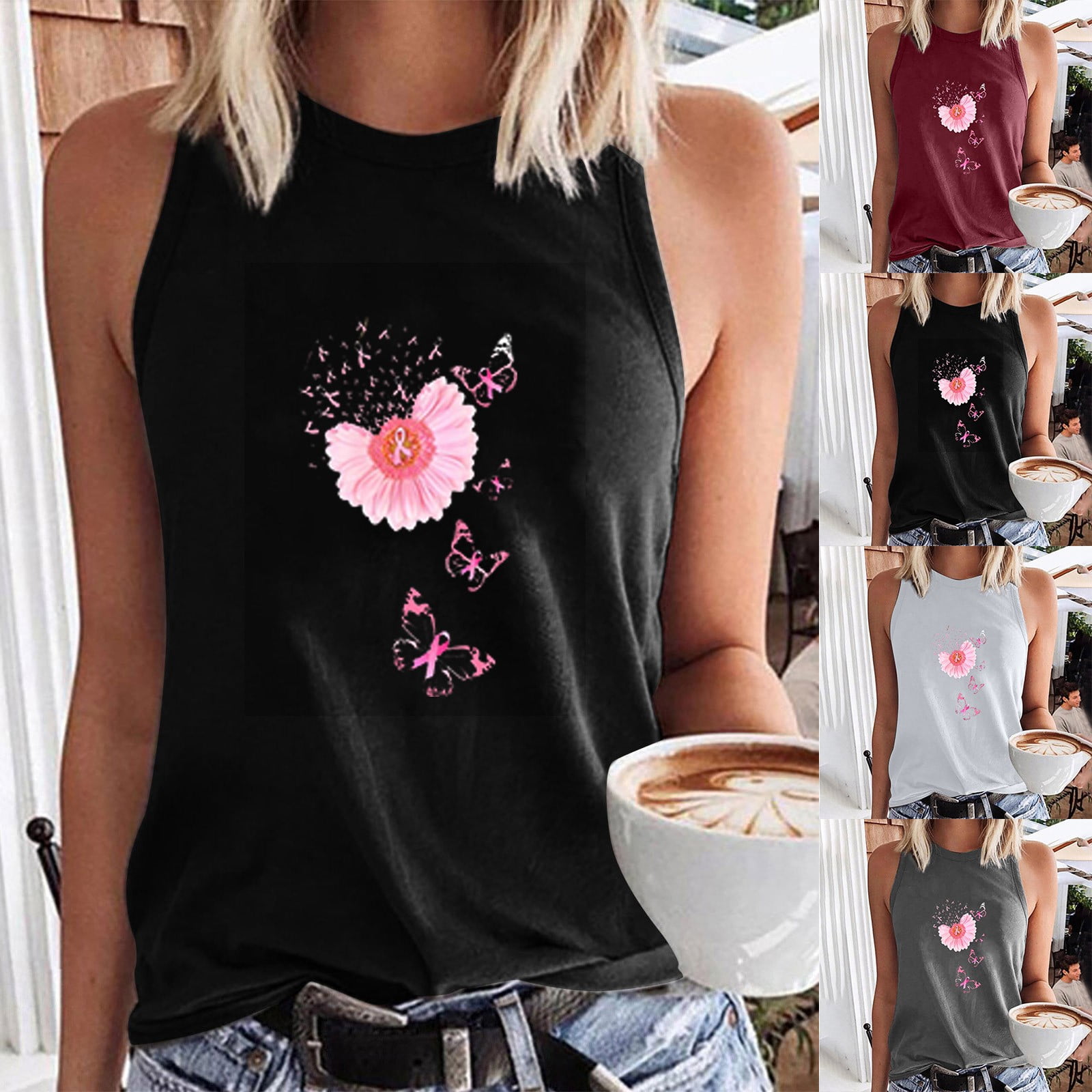 VKOYWKM Womens Breast Cancer Tank Tops Pink Ribbon Print Breast Cancer ...