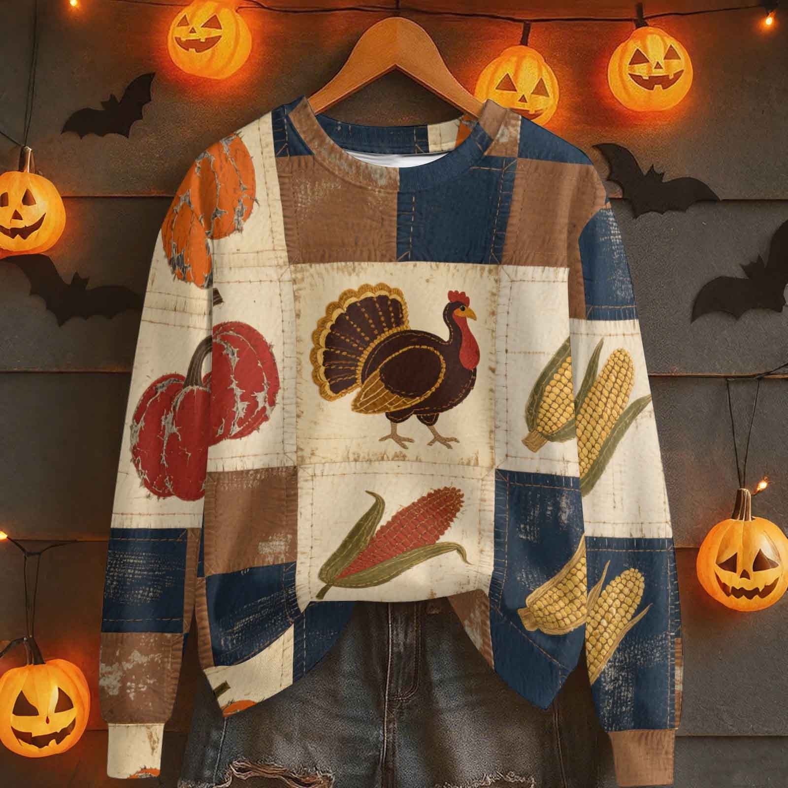 VKOYWKM Womens Crewneck Sweatshirt Thanksgiving Long Sleeve Fall ...