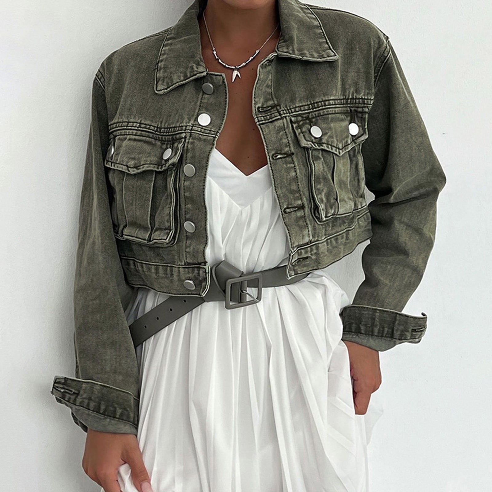 VKOYWKM Womens Denim Jacket Long Sleeve Cropped Jean Jacket Distressed ...