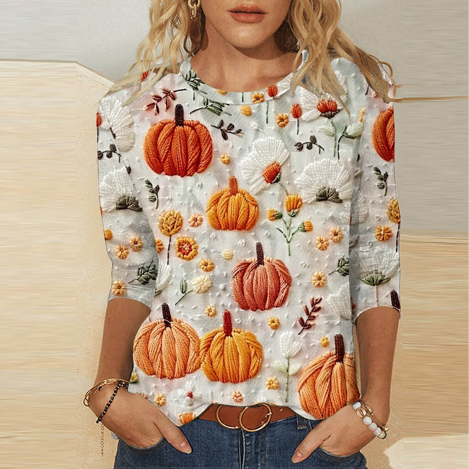 VKOYWKM Womens Fall Tops 3/4 Sleeve Thanksgiving Shirts Funny Pumpkin ...