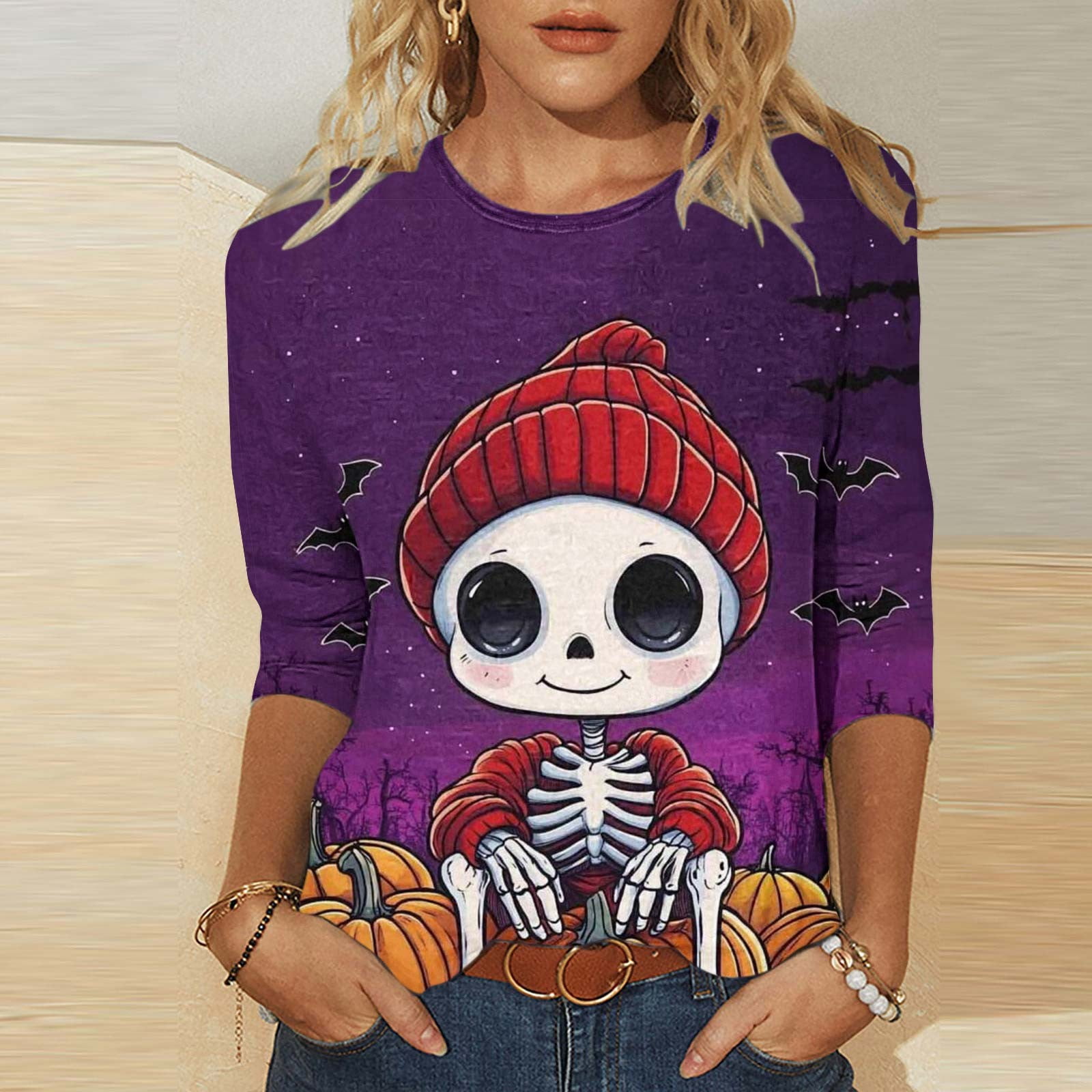 VKOYWKM Womens Tops 3/4 Sleeve Halloween Shirts Cute Spooky Skeleton Graphic T Shirts Funny Crew ...