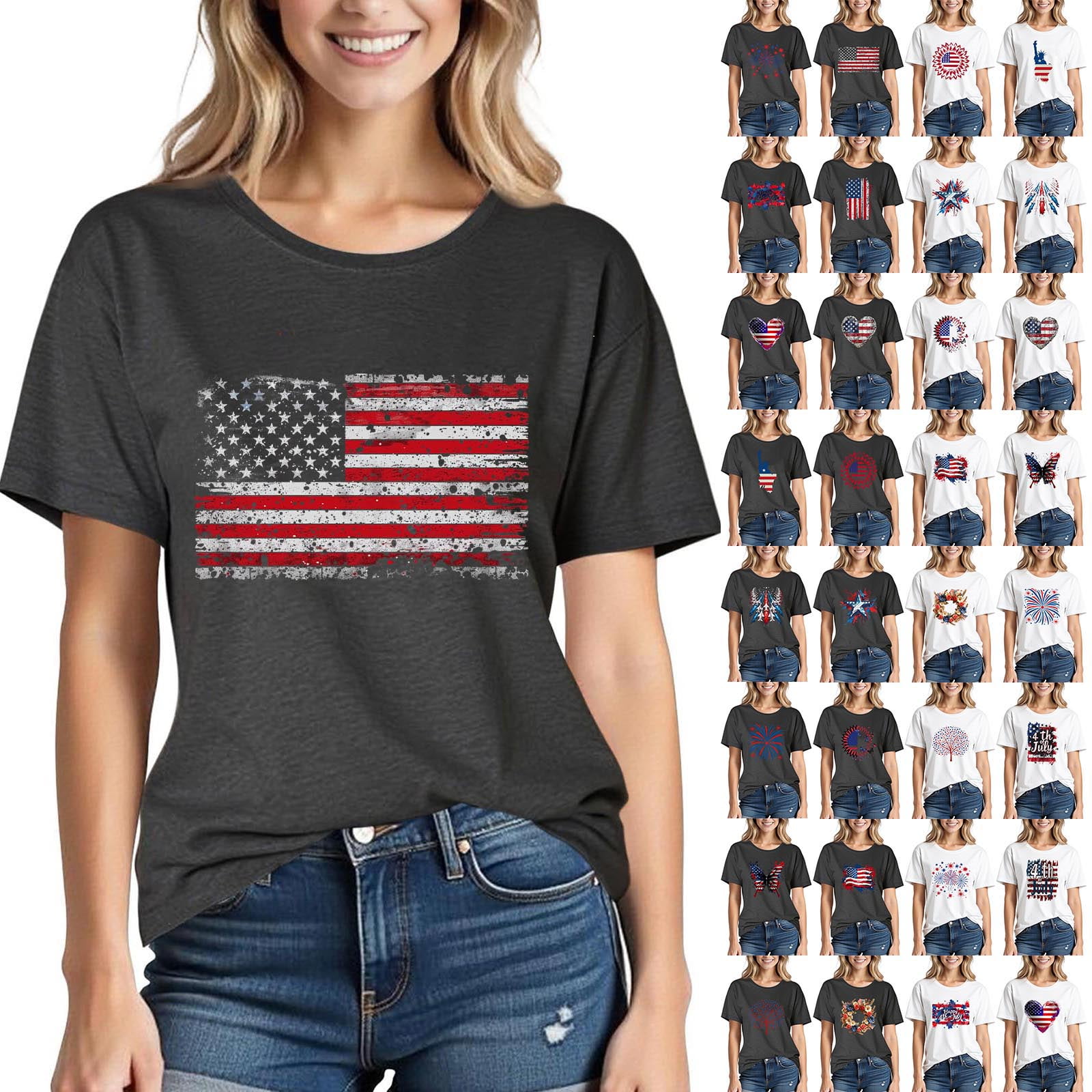 VKOYWKM Womens USA Flag T Shirts Independence Day Short Sleeve Summer ...