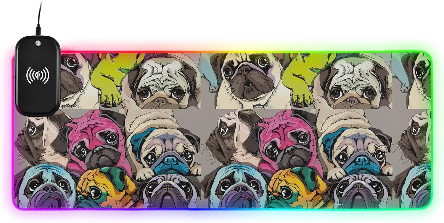 VKPSCHJ Desk Pad with Wireless Charging Cute Pugs Dogs Large RGB Gaming ...