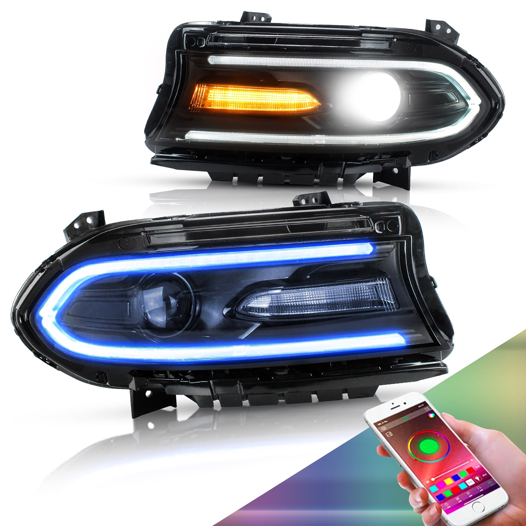VLAND Dual Beam Projector RGB Headlights Replacement Assembly for Dodge ...