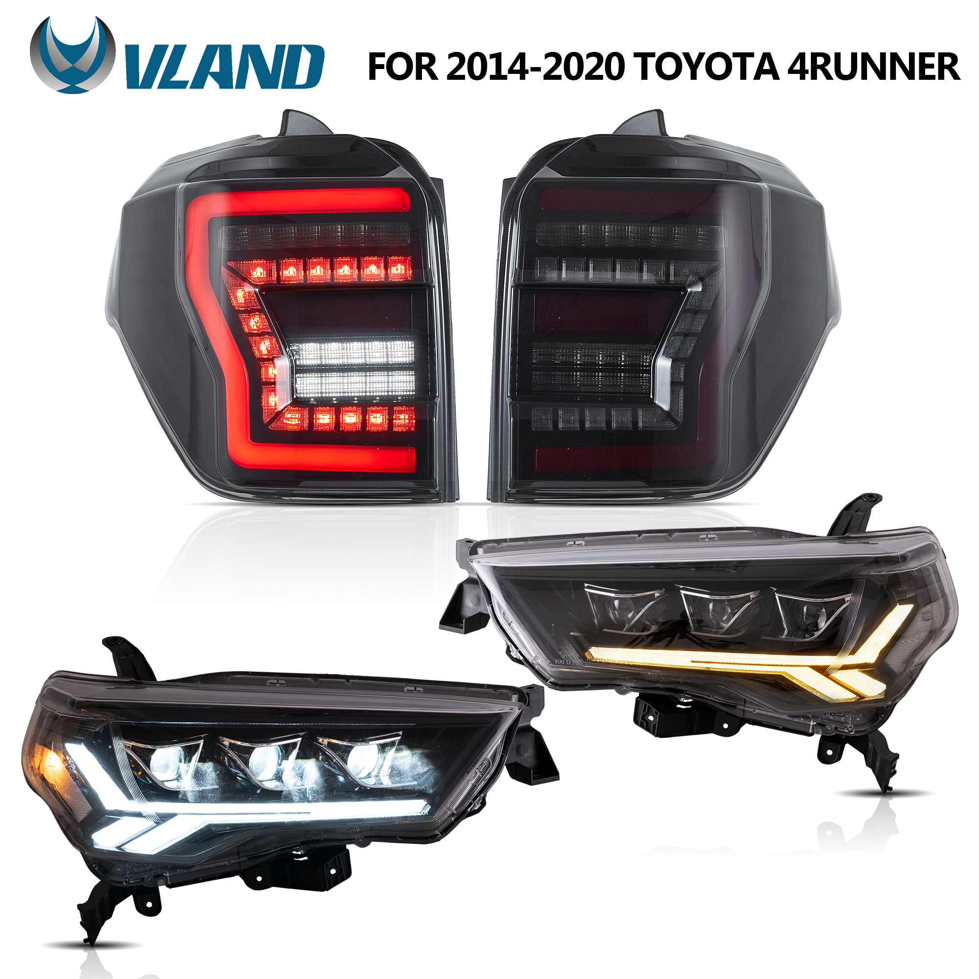 VLAND LED Headlights + Smoked Tail Lights for Toyota 4Runner 2014-2020 (TRD/Limited/Off-Road/SR5 ...