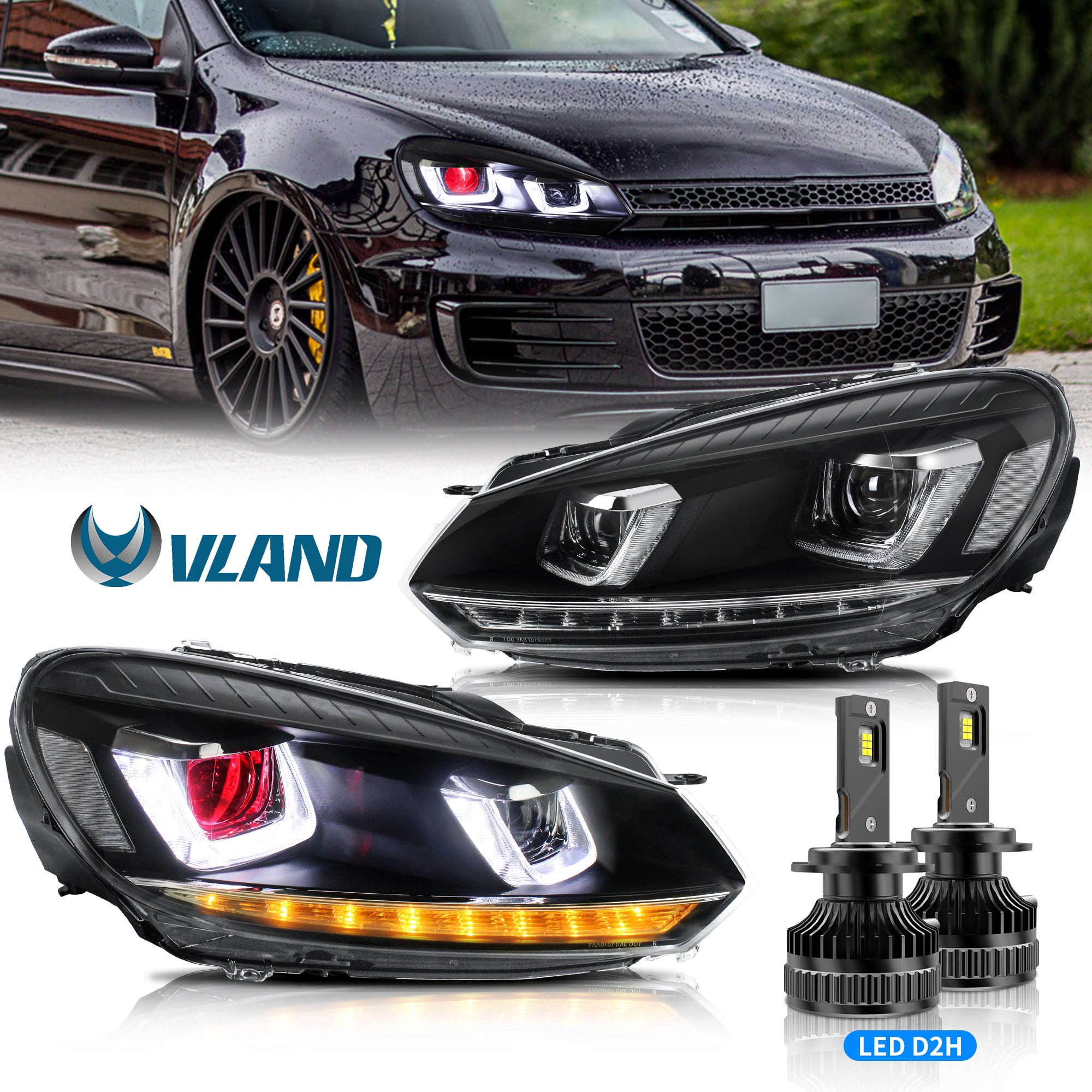 VLAND LED Headlights with Demon Eye + Bulbs for Volkswagen Golf Mk6 ...