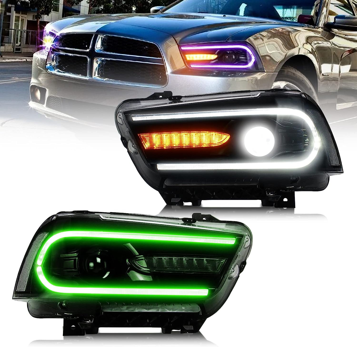 VLAND LED RGB Headlights, Dodge Charger 2011-2014, Bulbs Not Included ...