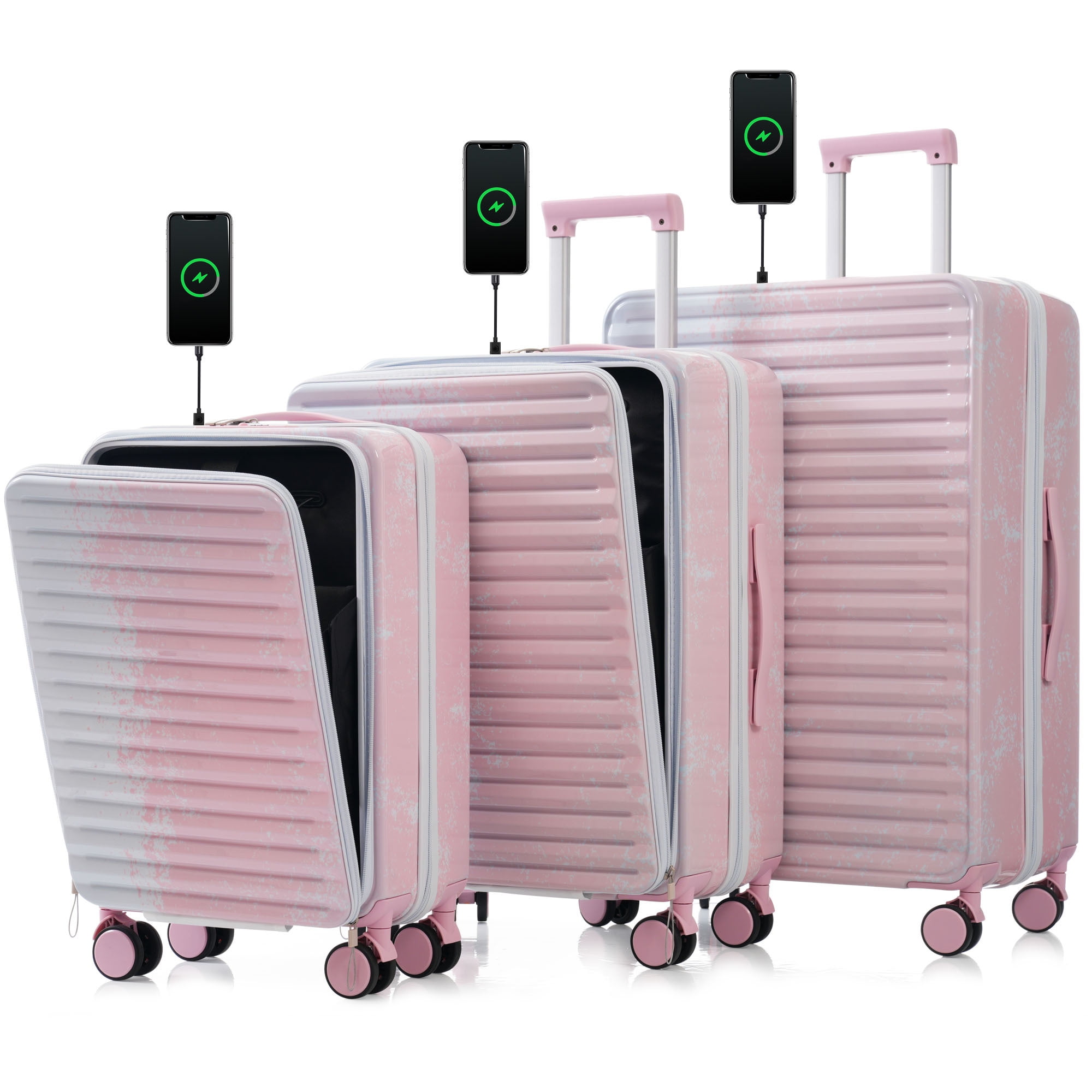 VLDTDRDI Luggage Sets 3 Piece with USB and Cup Holder,Lightweight PC ...