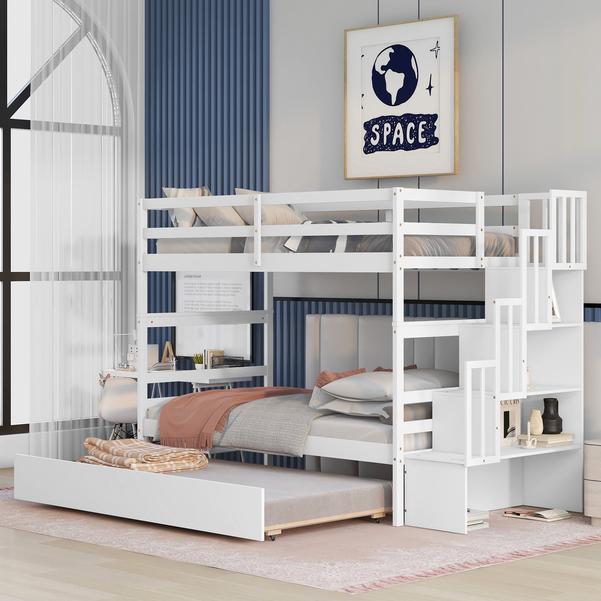 VLDTDRDI Twin Over Twin Pine Wood Bunk Beds with Trundle,Trundle Bunk ...