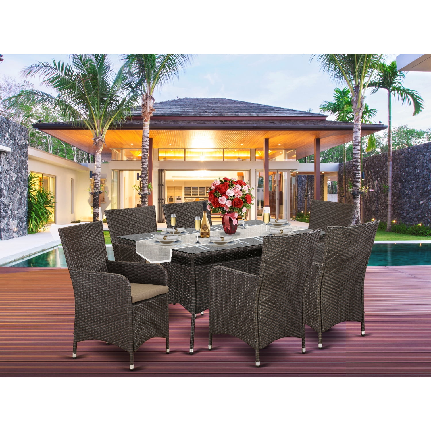 East West Furniture VLLU7-63S 7 pc Outdoor Wicker Dining Set for 6 in ...
