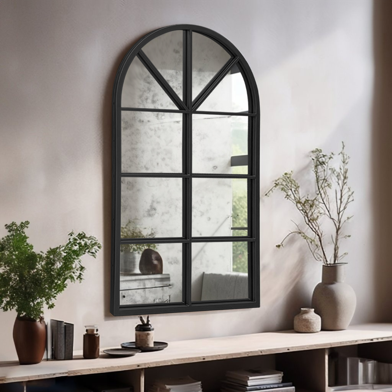 DecMode 24" x 48" Brown Window Pane Inspired Wall Mirror with Arched ...