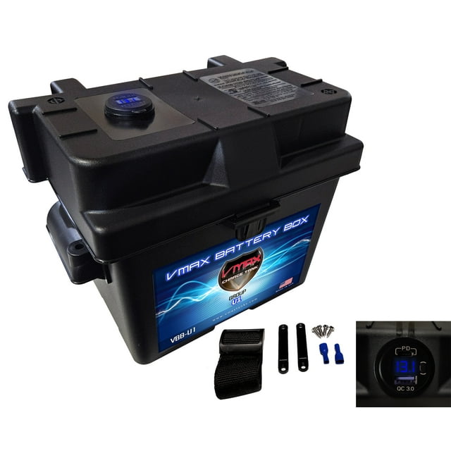 VMAX Marine Grade U1 12V Universal Battery Box with Voltmeter, Dual USB ...