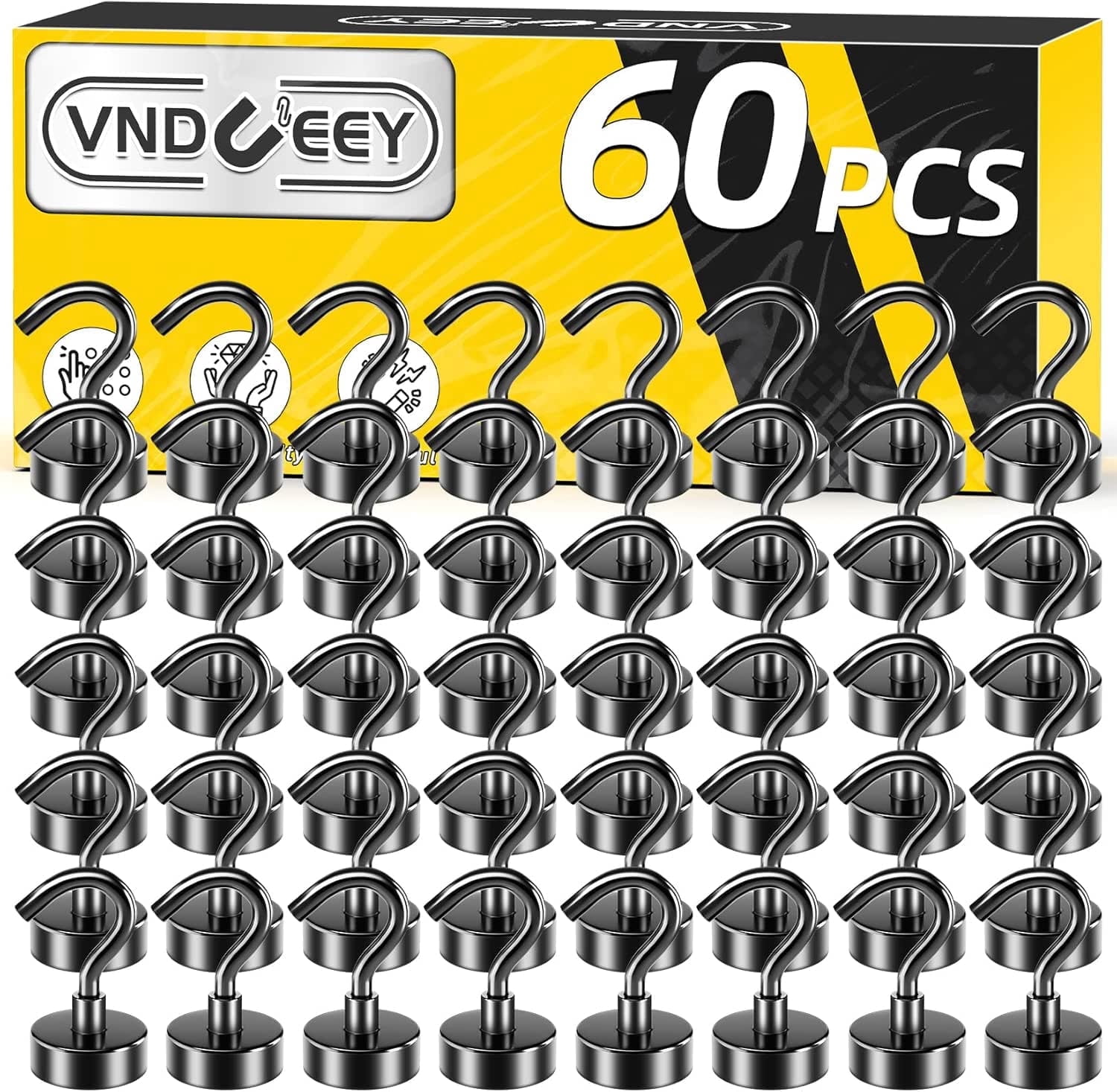 VNDUEEY 60 Pack Black Magnetic Hooks, 25Lbs Strong Magnet Hooks for ...