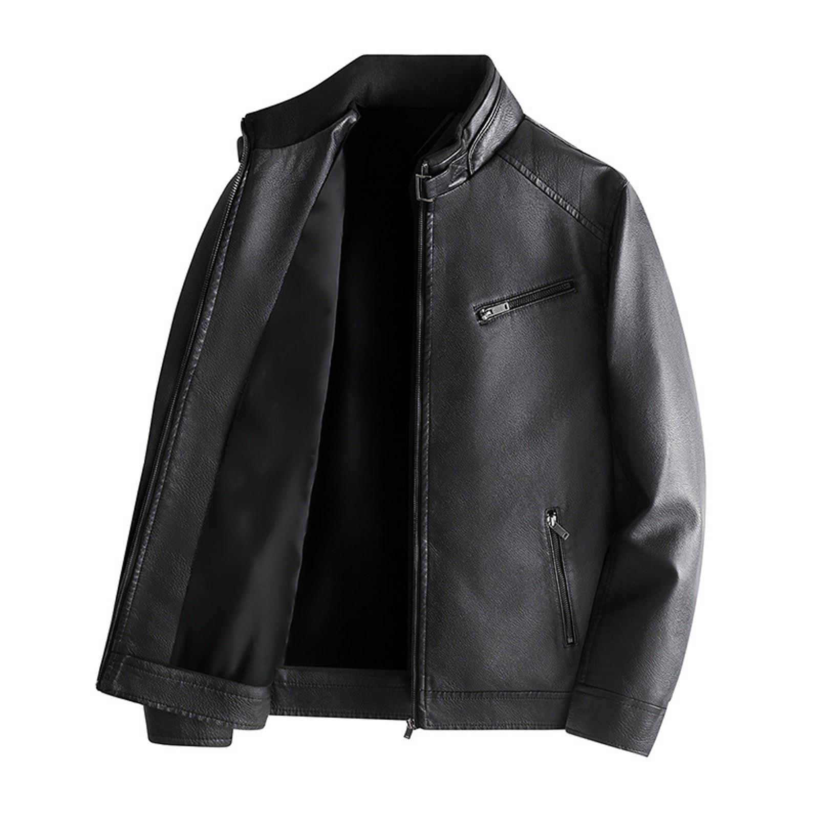 VNKIDY Men Jackets Solid Color Leather Jacket With Stand Up Collar ...