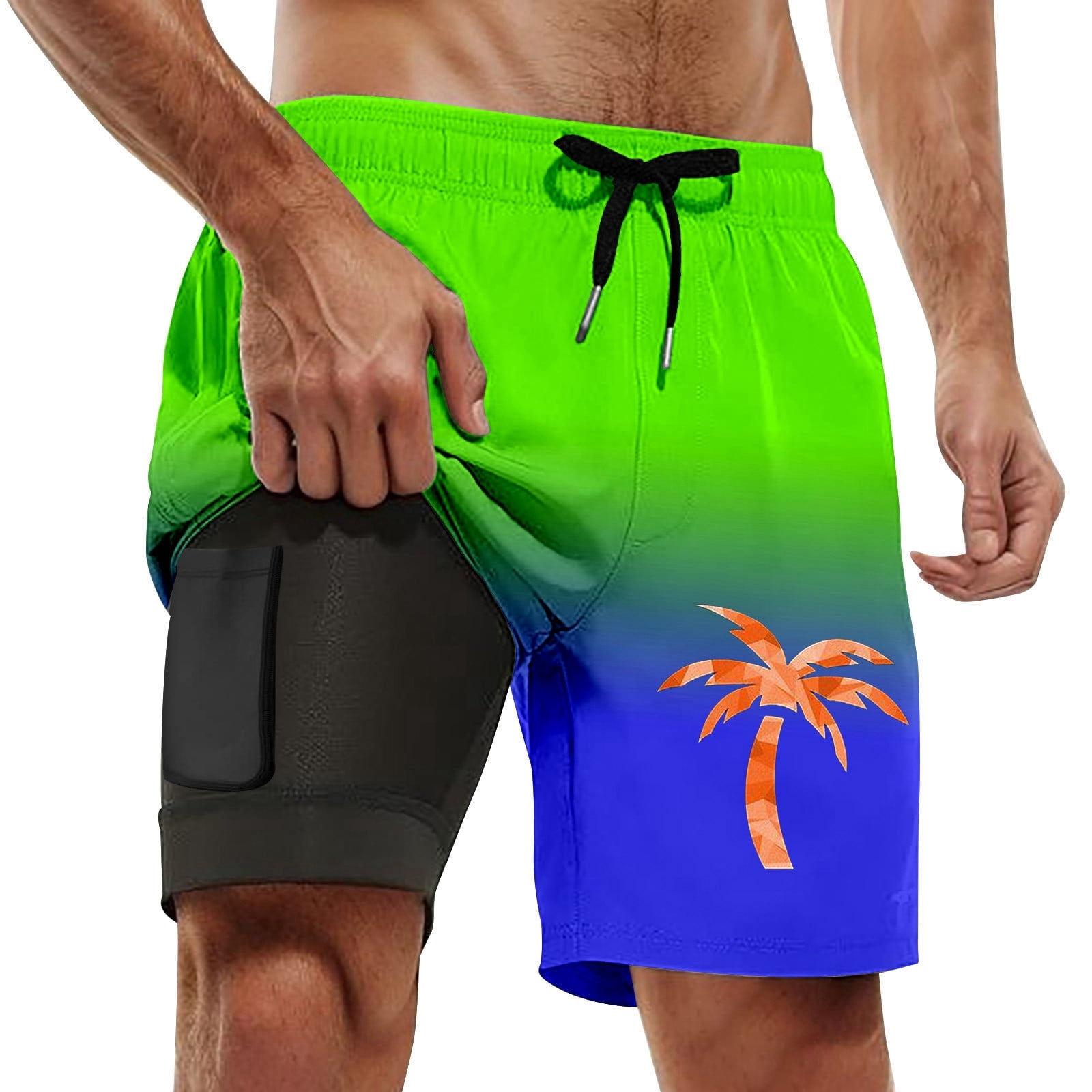 VNKIDY Men's Beach Shorts Gradient Color Double-Layer Swim Trunks ...