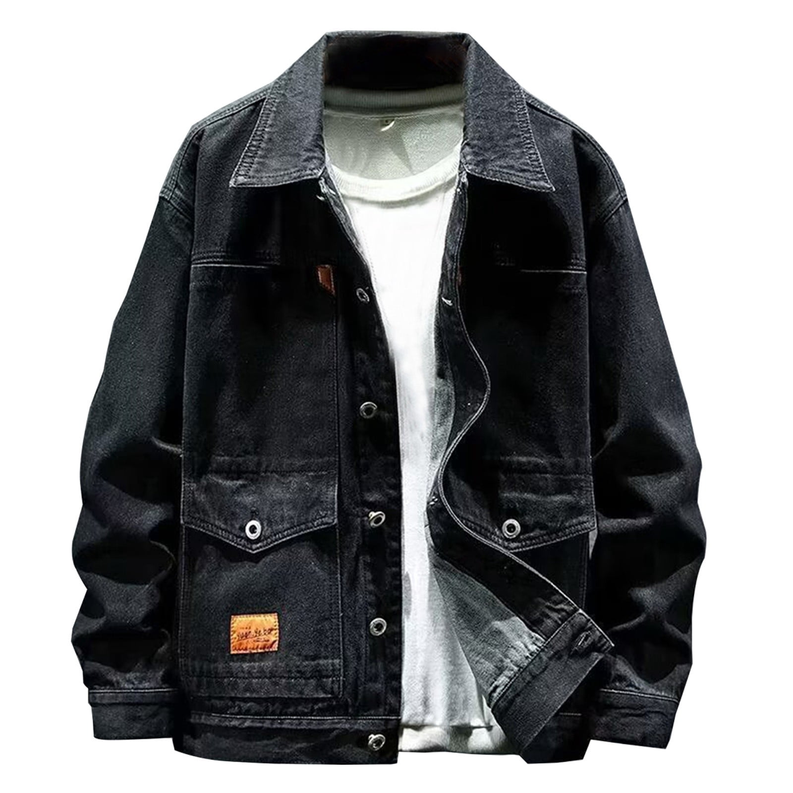 VNKIDY Men's Coat Autumn Winter Solid Color Washed Denim Jacket With ...