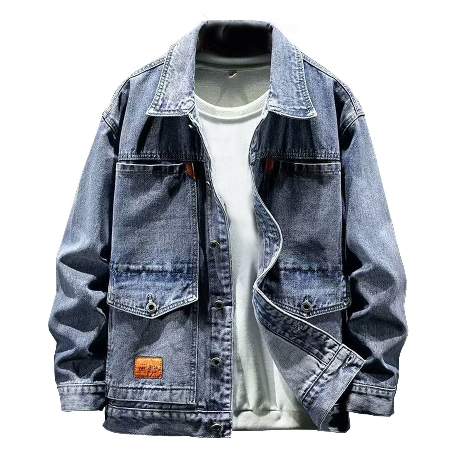 VNKIDY Men's Coat Autumn Winter Solid Color Washed Denim Jacket With ...