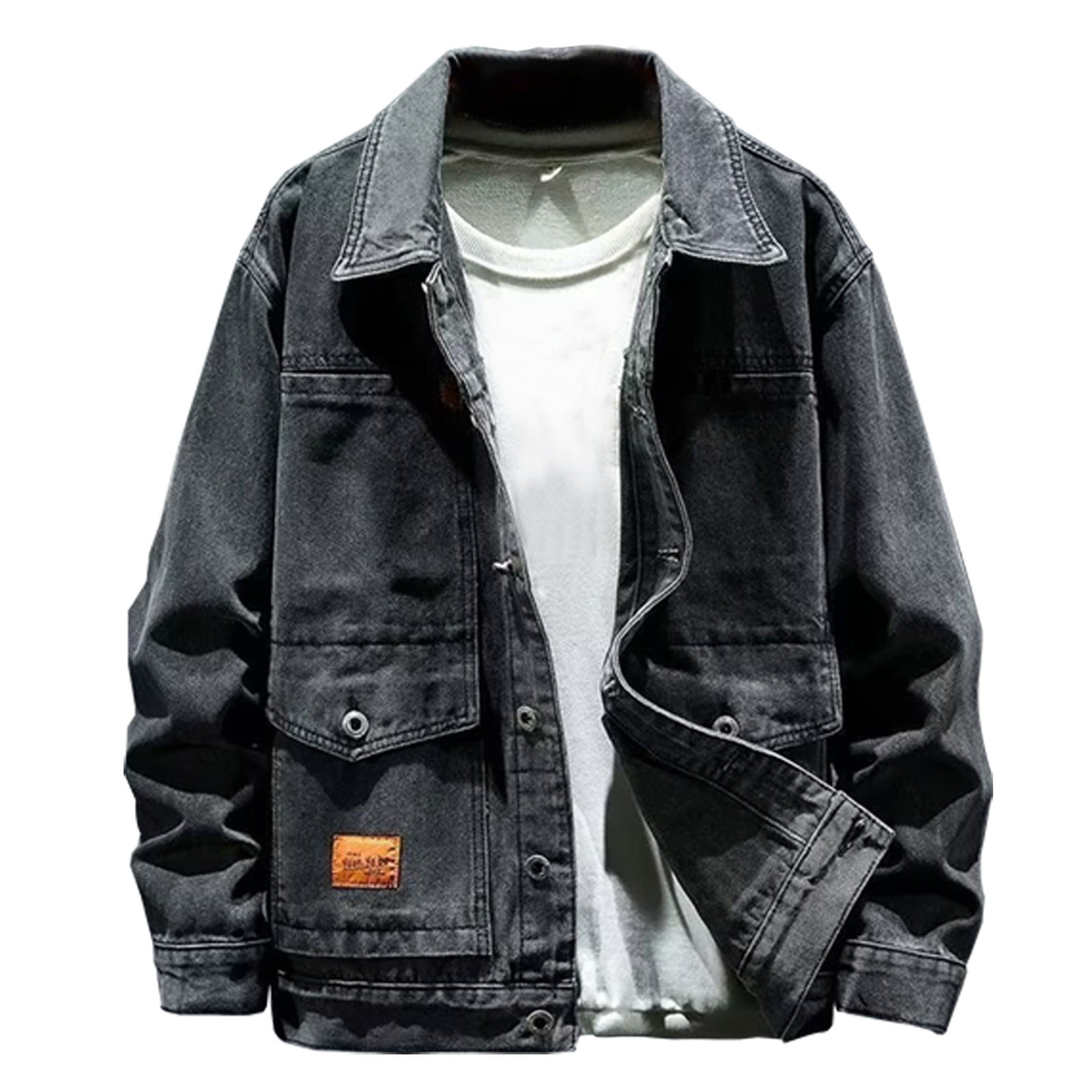VNKIDY Men's Coat Autumn Winter Solid Color Washed Denim Jacket With ...