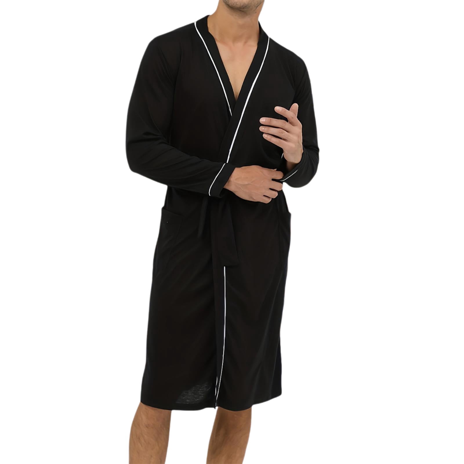 VNKIDY Men's Loungewear Solid Color Long Sleeve V Neck Robes Contrast ...
