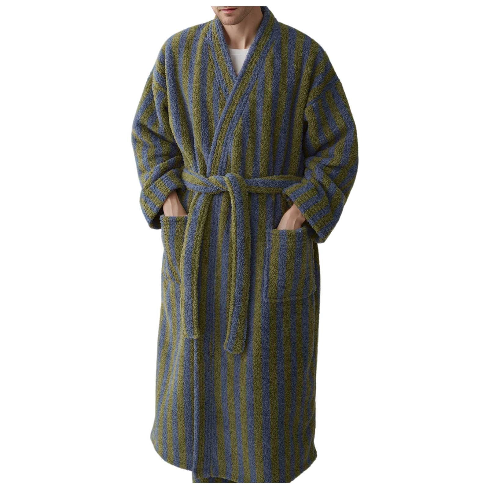 VNKIDY Men's Loungewear Solid Color Long Sleeve V Neck Striped Robes ...