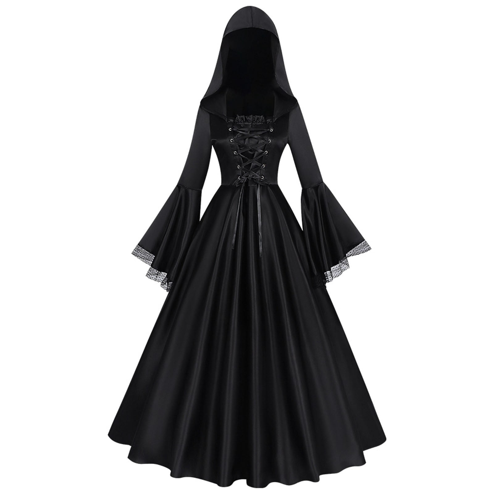 VNKIDY Women Dress Gothic Black Maxi Dress With Hood Lace Up Front Bell ...