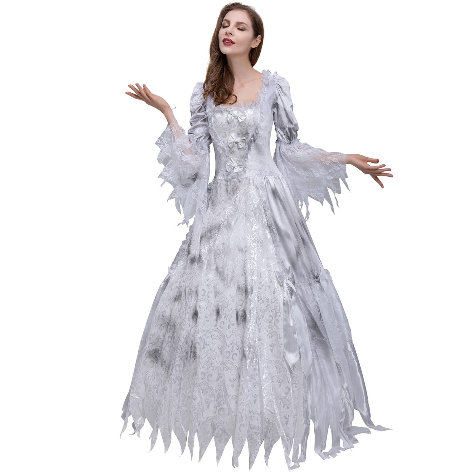VNKIDY Women Dress Halloween Elegant White Dress With Lace Long Sleeve ...
