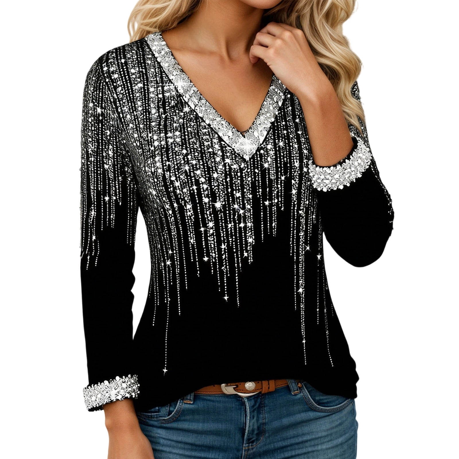 VNKIDY Women's Carnival Long Sleeve V Neck T Shirts Silver Sequin ...