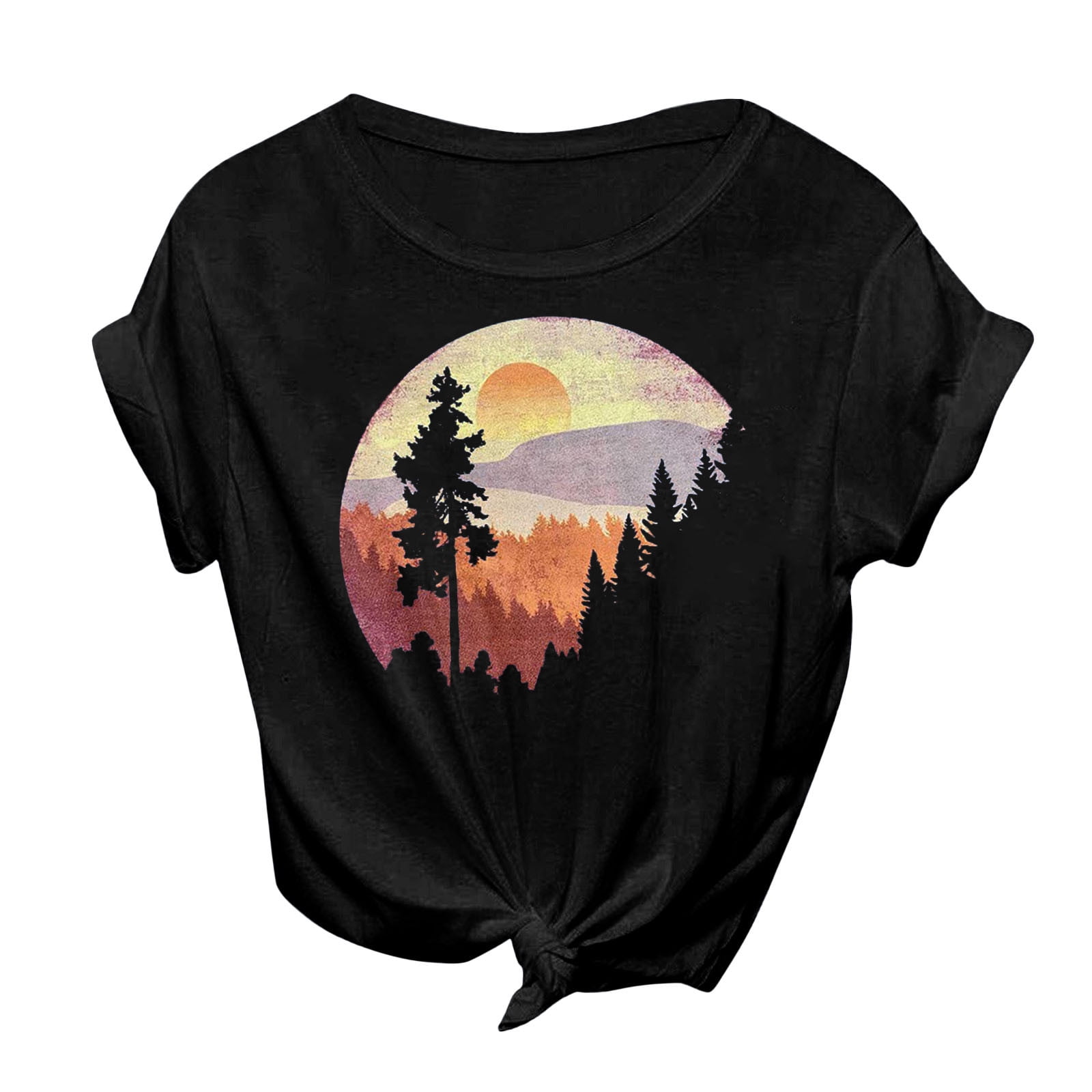 VNKIDY Women's T-Shirt Vintage Forest Sunset Graphic Tees Short Sleeve ...